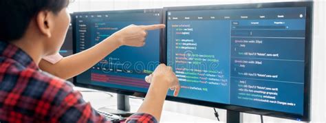 Professional Programer Looking Computer Desktop With Coding Program Aig42 Stock Image Image