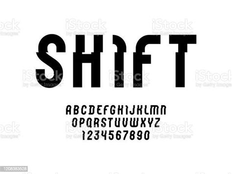 로고 티셔츠 포스터 레터프레스 벡터 일러스트레이션 시프트 글꼴 트렌디 한 왜곡 된 알파벳 현대 검은 글자와 숫자 당신의 디자인에 대한 컴퓨터 글자에 대한 스톡 벡터 아트 및