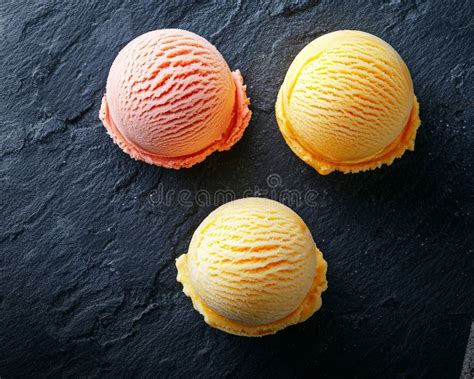 Three Scoops Of Yellow And Orange Ice Cream Placed On Dark Slate