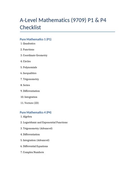 9709 P1 P4 Checklist With Checkboxes Pdf