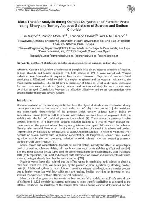 Pdf Mass Transfer Analysis During Osmotic Dehydration Of Pumpkin Fruits Using Binary And