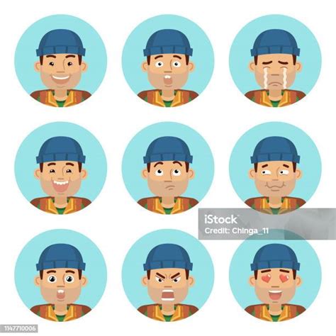 여행자 이모티콘 세트입니다 다른 감정을 보여주는 남자 아바타 행복 하 고 미소 하 고 울고 분노 하 고 사랑 하 고 놀 랐 다 웃음과 다른 표정 감정에 대한 스톡 벡터 아트