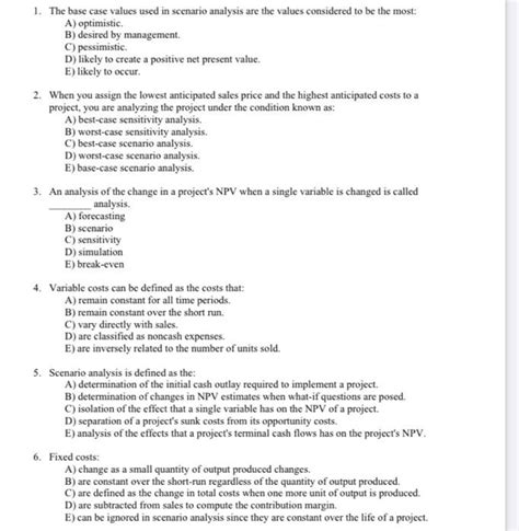 Solved 1 The Base Case Values Used In Scenario Analysis Are