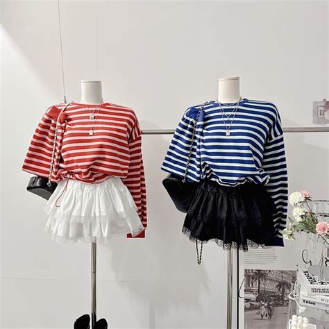 이프유마인 Y2k하이틴유니크 봄 몽셀 기모 워싱 단가라 스트라이프 배색 스트링 오버핏 슬림핏 라운드넥 벌룬 퍼프 무지 긴팔 크롭 맨투맨 티셔츠 3color