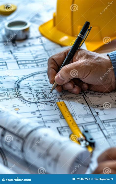 Engineers Reviewing Blueprints For Precise Structural Analysis Stock