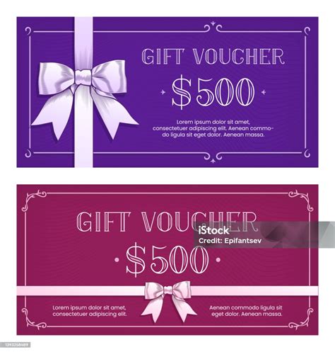 활 리본 길로체 곡선이있는 상품권 템플릿 선물 쿠폰 초대장 인증서에 대한 디자인 개념 0명에 대한 스톡 벡터 아트 및 기타