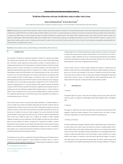 Extended Abstract Mineral Processing Prediction Of Limestone Rock Type Classifications Using An