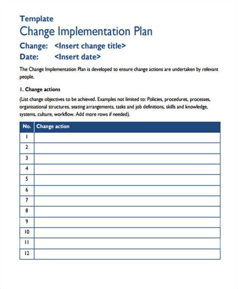 Change Implementation Plan Template