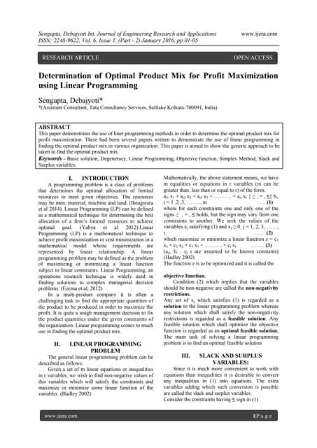 Determination Of Optimal Product Mix For Profit Maximization Using