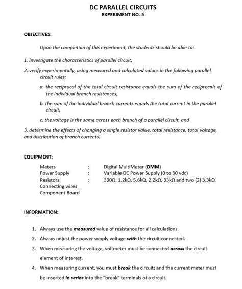 Solved DC PARALLEL CIRCUITS EXPERIMENT NO OBJECTIVES Upon Chegg Com