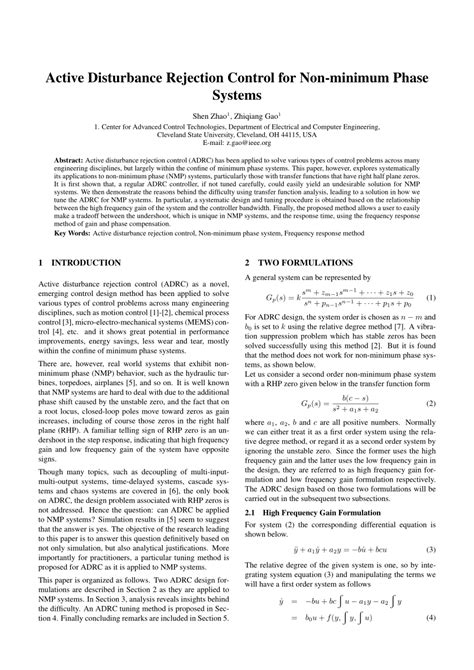 pdf active disturbance rejection control for non minimum phase systems
