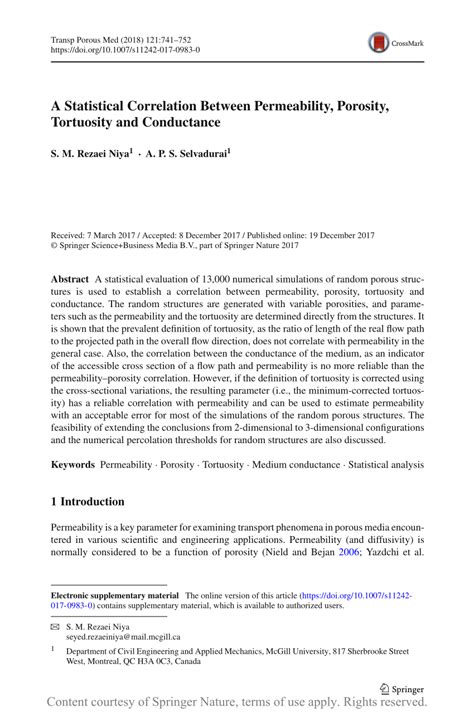 A Statistical Correlation Between Permeability Porosity Tortuosity