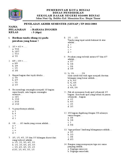 soal ujian matematika kelas 3 semester 2 pdf