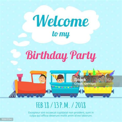 아이 파티 초대장에 대 한 포스터의 디자인 템플릿입니다 기차 장난감의 그림 기차에 대한 스톡 벡터 아트 및 기타 이미지 기차 아이 어린 시절 Istock