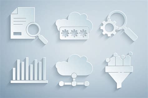 설정 네트워크 클라우드 연결 돋보기 및 기어 파이 차트 인포그래픽 판매 깔때기 암호 보호 및 문서 검색 아이콘 벡터 벡터에 대한 스톡 벡터 아트 및 기타 이미지 Istock