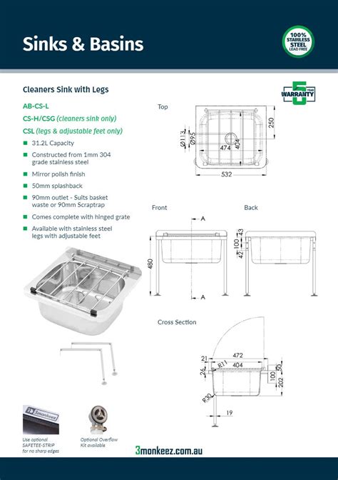 3monkeez Ab Cs L Cleaners Sink With Legs Silverchef