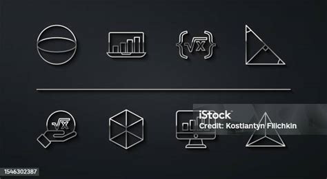 기하학적 도형 구 X 글리프의 제곱근 각도 이등분선 삼각형 그래프 차트가 있는 컴퓨터 모니터 큐브 노트북 사면체 및 아이콘을
