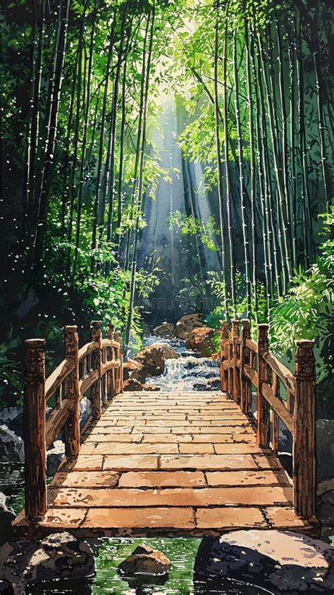 Bamboo Grove Bridge Flowing Water Stock Illustration Illustration Of