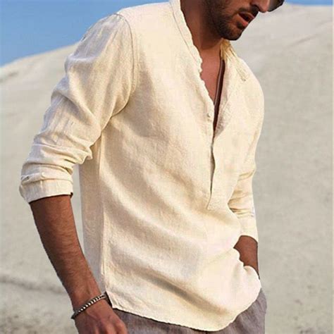 Mens Linen Henley Collar Long Sleeve Casual Shirt Casual Shirts