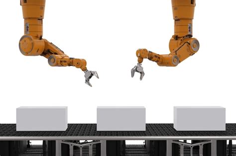 Premium Photo 3d Rendering Robot Arms With Boxes On Conveyor Line In Factory