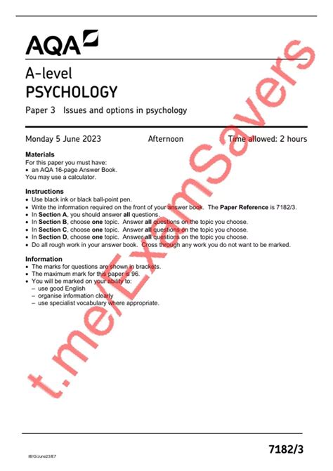 2023 AQA A Level Psychology Paper 3 Paper Stuvia UK
