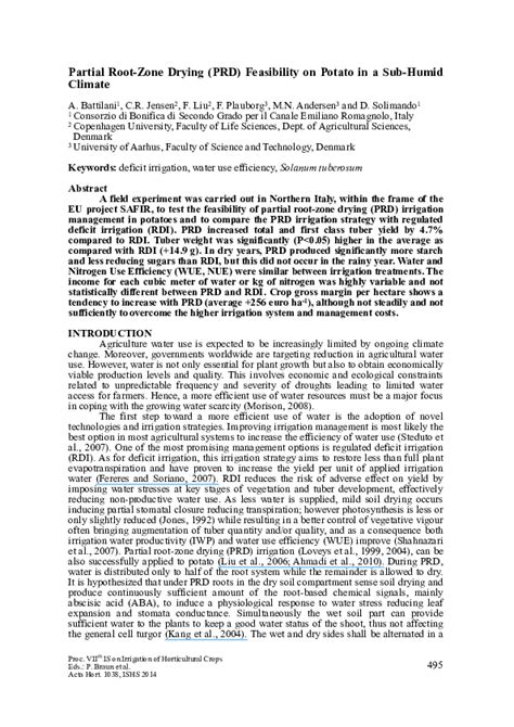 Pdf Partial Root Zone Drying Prd Feasibility On Potato In A Sub Humid Climate