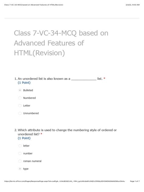 Class 7 Vc 34 Mcq Based On Advanced Features Of Html Revision Pdf