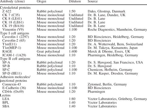 Primary Antibodies And Lectins For Immunocyto Chemistry Download Table