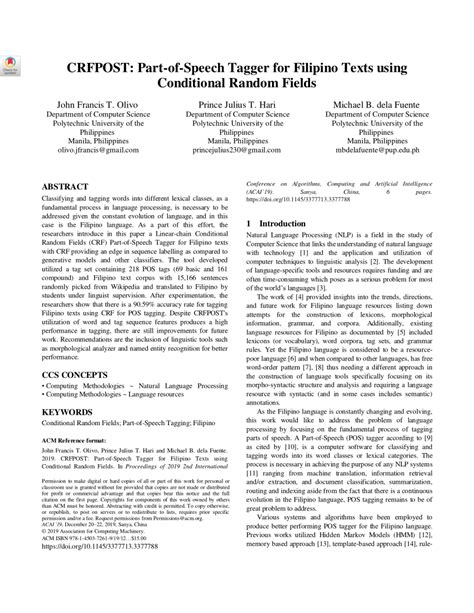 Pdf Crfpost Part Of Speech Tagger For Filipino Texts Using