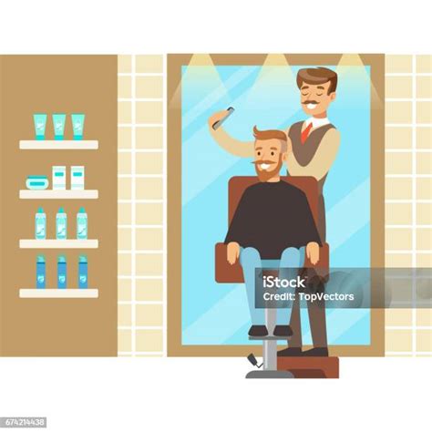 수염 난된 남자의 머리를 솔 질 하는 남자 미용사 화려한 만화 캐릭터 벡터 일러스트 레이 션 남자에 대한 스톡 벡터 아트 및 기타 이미지 Istock