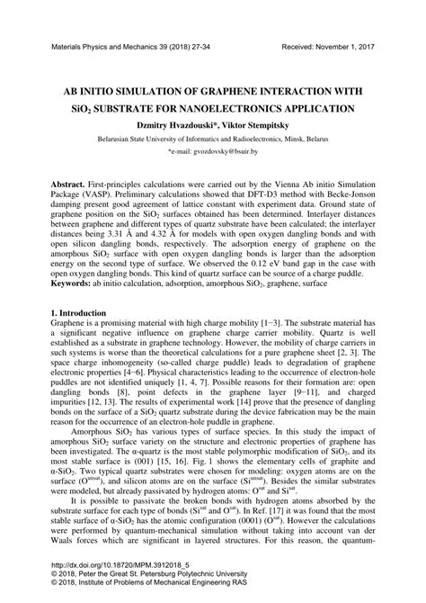 Pdf Ab Initio Simulation Of Graphene Interaction With Sio2 Substrate