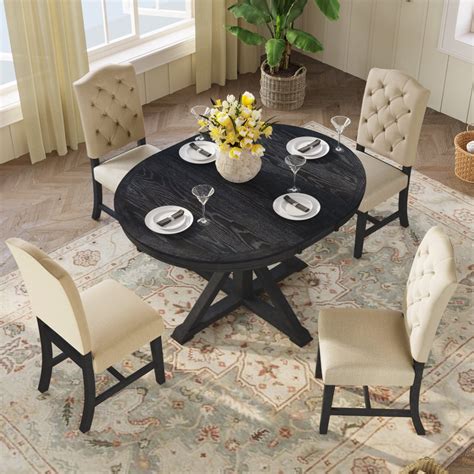 4 Piece Dining Table Set With Extendable Table And 4 Upholstered Tufted