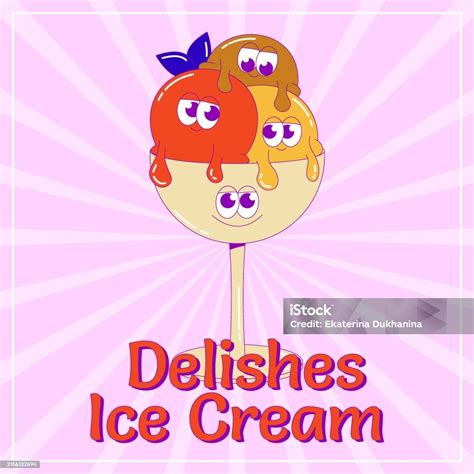 펑키 아이스크림 카드 엽서 펑키한 얼굴로 그릇에 담긴 세 가지 색깔의 공 그루비 스타일의 귀여운 캐릭터 디저트 마스코트 밝은