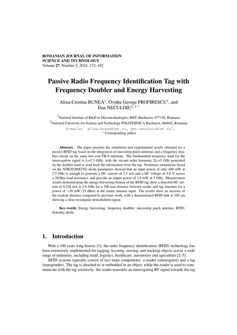 Pdf Passive Radio Frequency Identification Tag With Frequency Doubler And Energy Harvesting