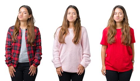 재미 있은 얼굴 뺨 피 격리 된 배경 위에 아름 다운 젊은 여자 콜라주 입 어 미친 식으로 팽창 가득 찬에 대한 스톡 사진 및