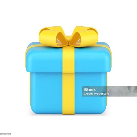 파란색 선물 상자 측면 보기 3d 아이콘 축하 놀라움 은 상단에 패턴과 골드 리본을 묶어 3차원 형태에 대한 스톡 벡터 아트 및