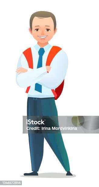 예쁜 어린 소년 학생 쾌활한 남학생 스탠딩 포즈 만화 스타일의 만화 플랫 디자인 단일 문자입니다 흰색 배경에 격리된 그림입니다 벡터 개념에 대한 스톡 벡터 아트 및 기타