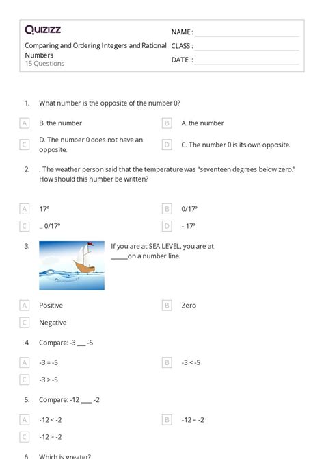50 Integers And Rational Numbers Worksheets For 6th Year On Quizizz Free And Printable