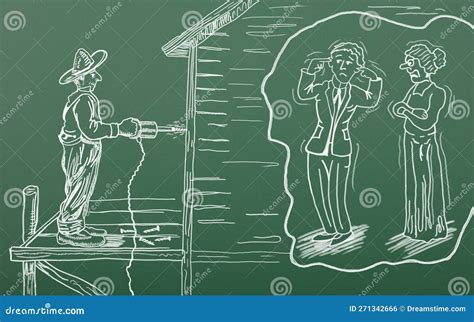 Neighbor In Apartment Drill A Wall Making A Loud Noise Other Man And Woman Plug With Fingers