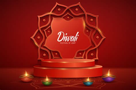 빛의 디왈리 축제를위한 전통적인 Diya 램프와 고급스러운 3d 장면 브랜드를 표시하기위한 연단 축제 모형 디자인 배경에 종이 컷 스타일 인도 프레임 벡터 3차원 형태에