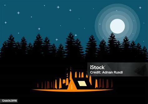 텐트 캠프 파이어 산 숲과 보름달평면 스타일의 야간 풍경 그림 야외 등산 여름 캠프 자연 관광 캠핑 또는 하이킹 디자인 개념에 대한 배경 0명에 대한 스톡 벡터 아트 및