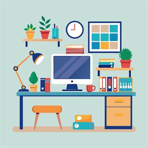 Premium Vector A Computer Desk With A Computer And A Clock On The Wall