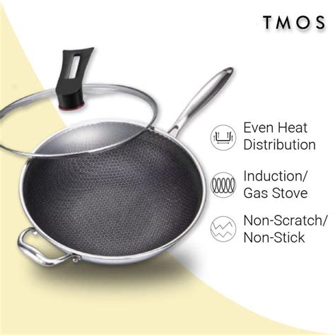 Tmos Honeycomb Wok Pan Non Stick Stainless Steel Grill Deep Fry Glass Lid Cookware Kuali Hitam