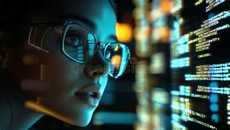 Digital Data Is Analyzed By A Female Scientist Wearing Glasses Through