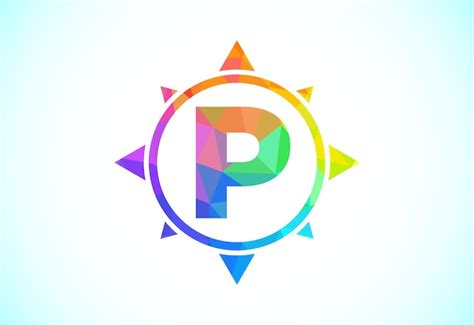 나침반 낮은 폴리 스타일 나침반 로고 기호 기호 벡터 로고 디자인의 다각형 알파벳 P 프리미엄 벡터