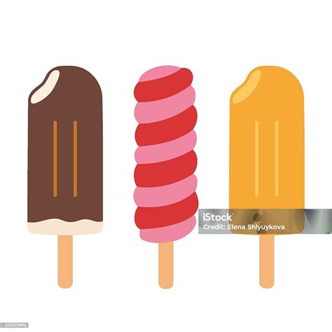 막대기에 꽂은 다채로운 아이스크림 초콜릿 베리 오렌지 맛의 아이스 캔디 트렌디 한 현대 벡터 일러스트 레이 션은 흰색 배경 손으로 그린 평면 디자인에 고립 되어 있습니다