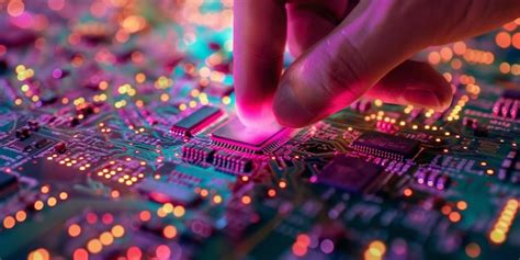 Futuristic Technology Hand Tapping On Glowing Microchip Circuit Board Premium Ai Generated Image