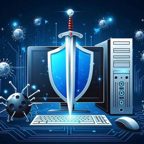 Digital Sword And Shield Icon Protecting A Computer Premium Ai Generated Vector
