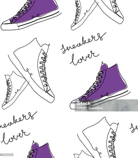 라인 아트의 스니커즈와 손으로 쓴 텍스트가 있는 색칠 스니커즈 애호가 매끄러운 패턴 스포츠 신발에 대한 스톡 벡터 아트 및 기타