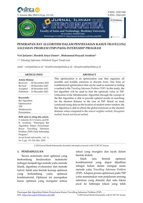 Pdf Penerapan Bat Algorithm Dalam Penyelsaian Kasus Travelling Salesman Problem Tsp Pada